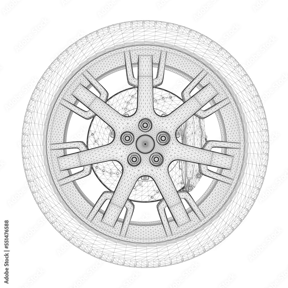 Car wheel wireframe from black lines isolated on white background. Side ...
