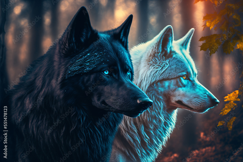 black and white wolf side by side in the forest, generative ai Stock ...