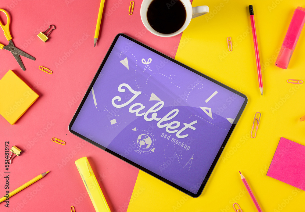 School Supplies with Screen Mockup Stock Template | Adobe Stock