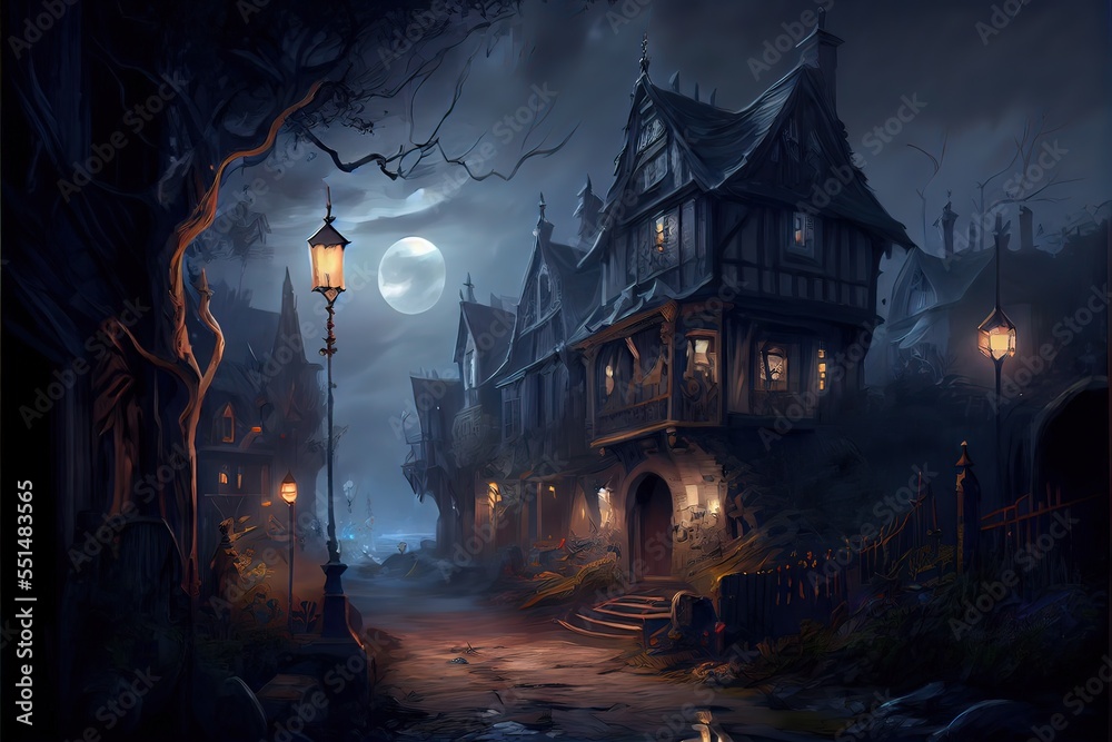 Night, moonlight, a fantasy village in the dark, spooky, wind, dark ...