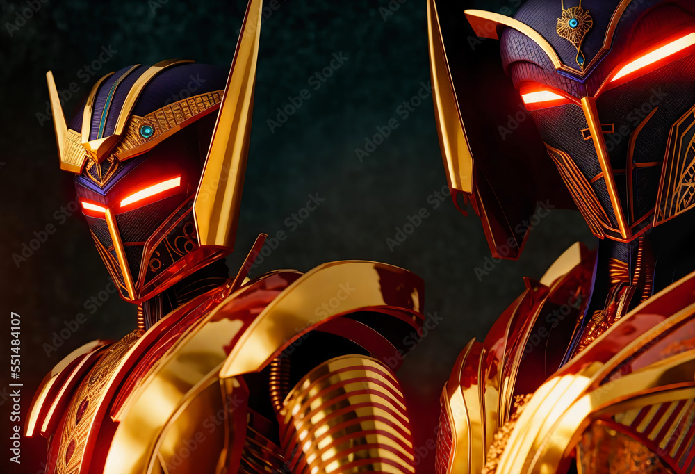 two futuristic alien robot warriors with glowing red eyes and blue gold ...