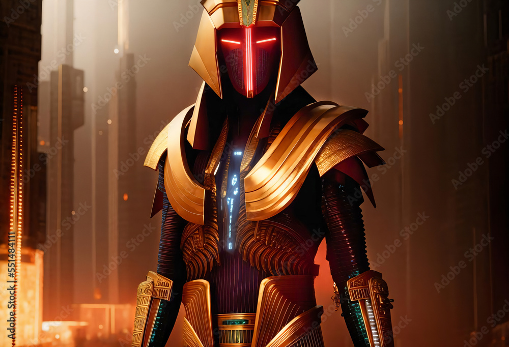 futuristic alien robot warrior in egyptian gold blue armor with helmet ...
