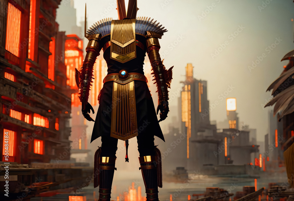 futuristic warrior in black gold samurai armor stays an looks at blury ...