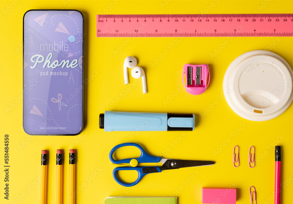 School Supplies with Phone Mockup Stock Template | Adobe Stock