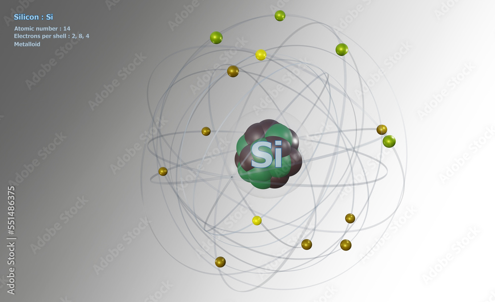 Atom of Silicon with Core and 14 Electrons on a White background ...
