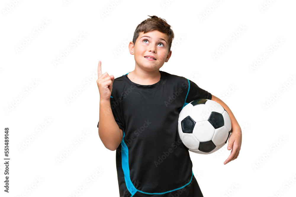 Little caucasian football player kid over isolated chroma key ...