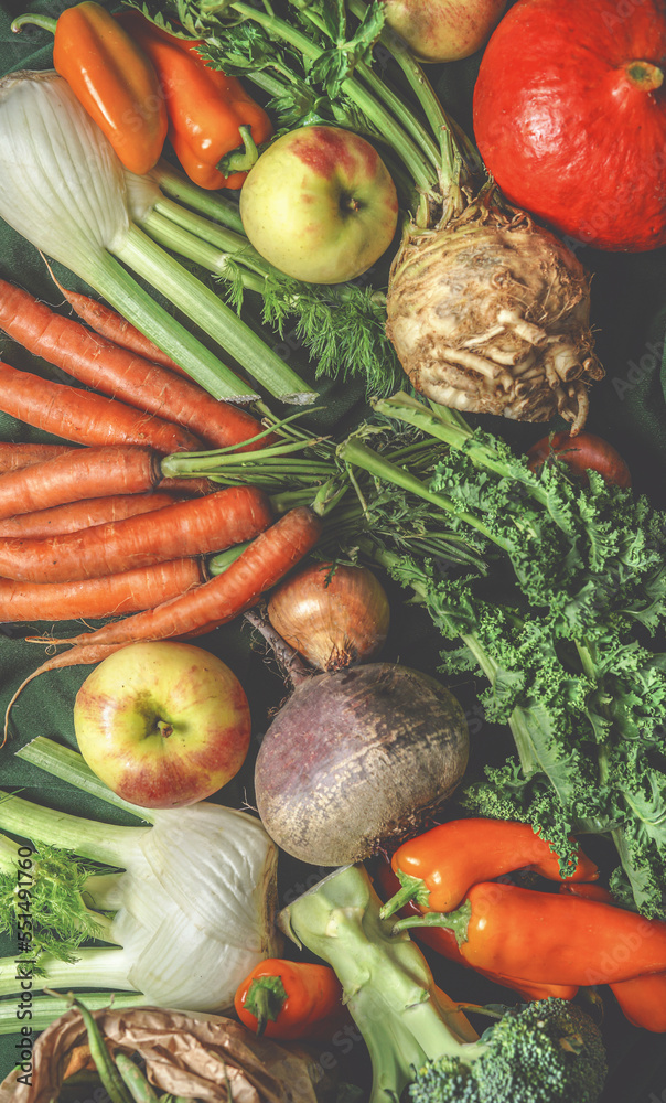 Various organic harvest vegetables background, top view Stock Photo ...