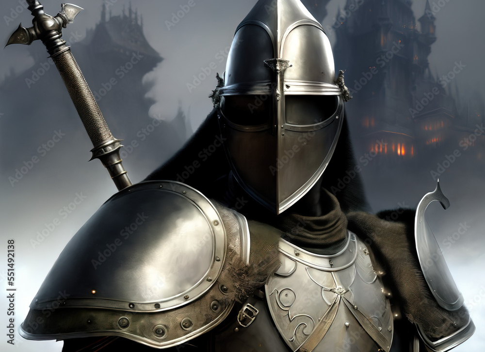 close portrait of a gothic knight without helmet, massive armor ...