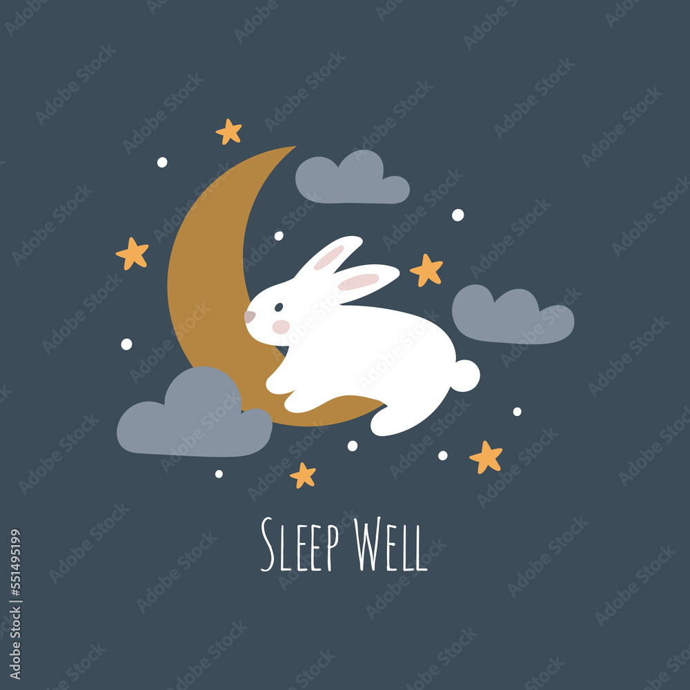 Vetor de Moon and stars bunny illustration. Children room, nursery ...