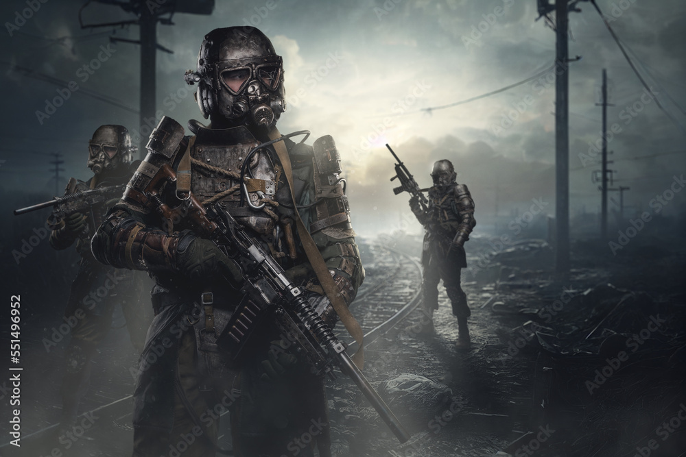 Portrait of post apocalyptic soldiers dressed in ragged uniform on ...