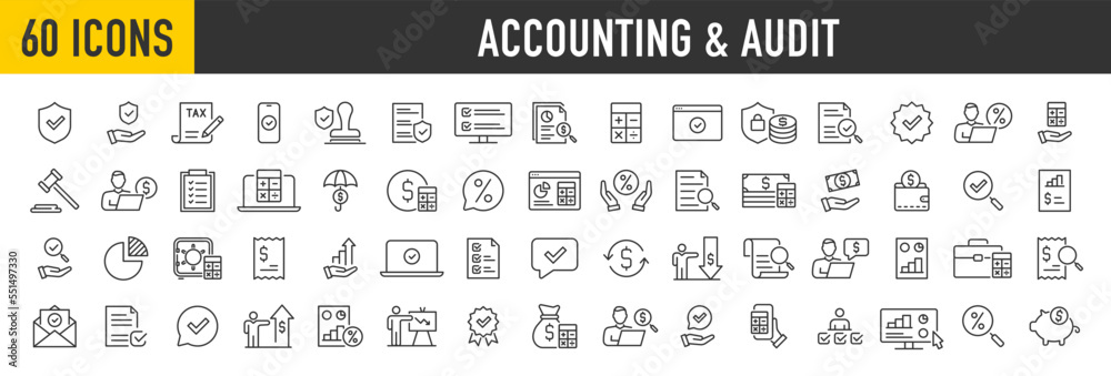 Set of 60 Accounting and audit web icons in line style. Assessment ...
