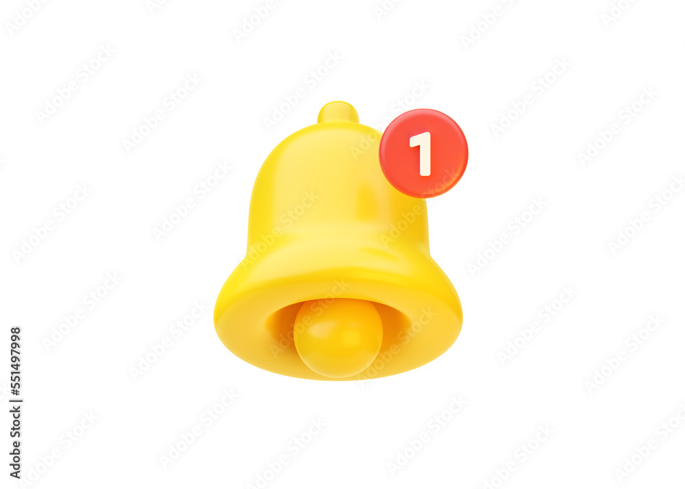 Bell icon 3d render - mail ui yellow illustration, alarm element, new ...