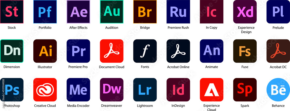 Adobe Creative Cloud icon set : Illustrator, Photoshop, Premiere Pro, Acrobat, Behance, After ...