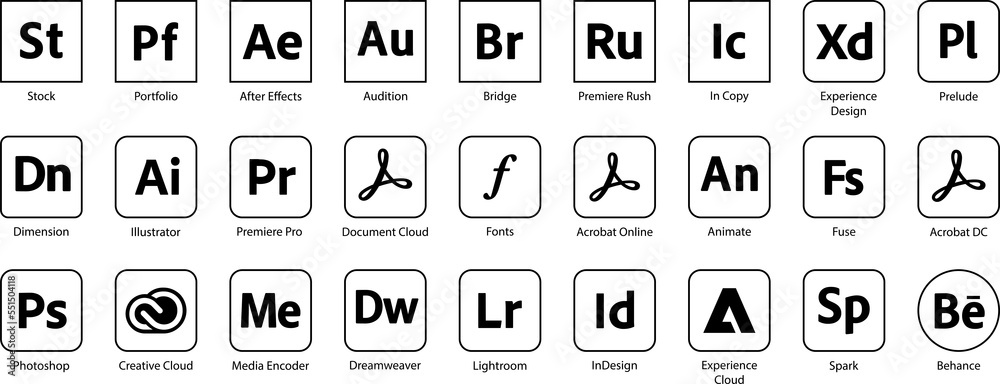 Adobe Creative Cloud icon set : Illustrator, Photoshop, Premiere Pro ...