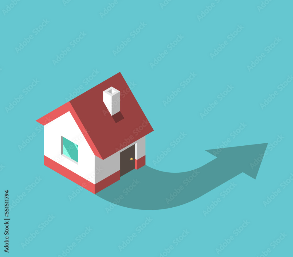 Isometric cottage with arrow. Moving house, emigration, loss of home ...