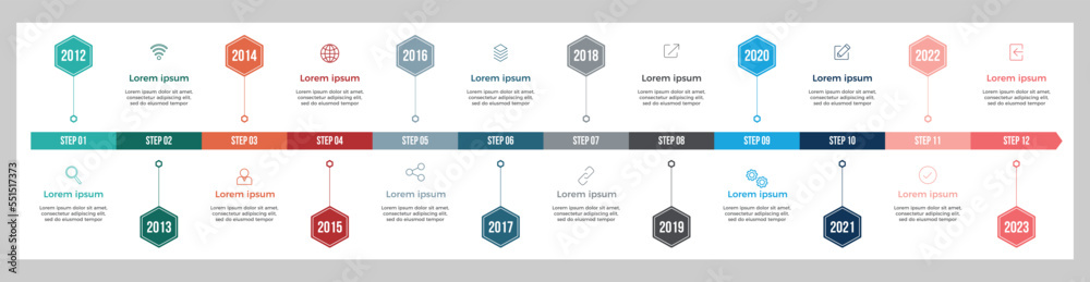 Timeline business hexagon infographic template with 12 options ...