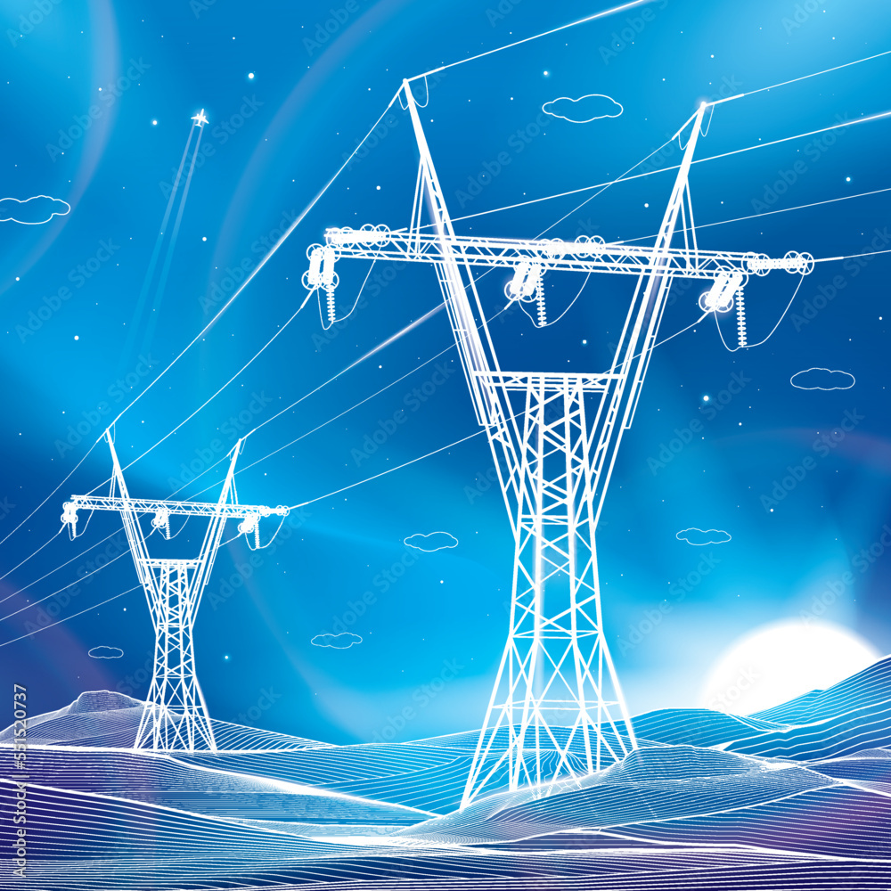 High voltage transmission systems. Electric pole. Neon glow. Night ...