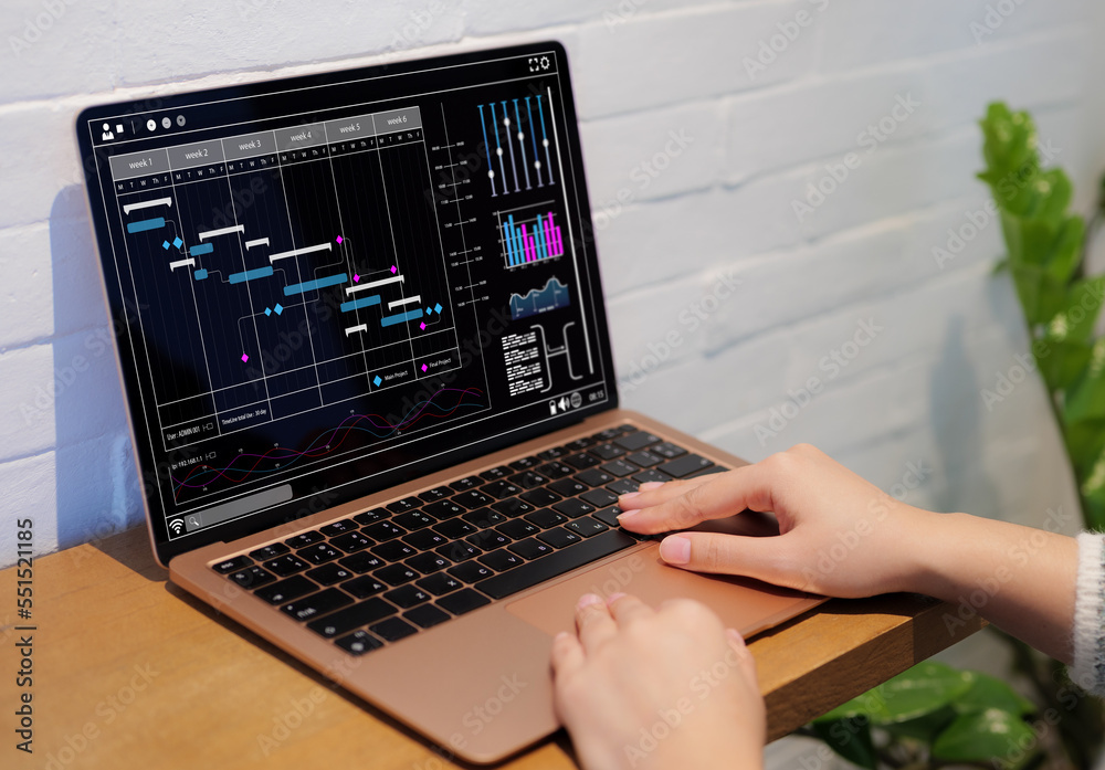 Analyst working on laptop computer. Business Analytics chart and data ...