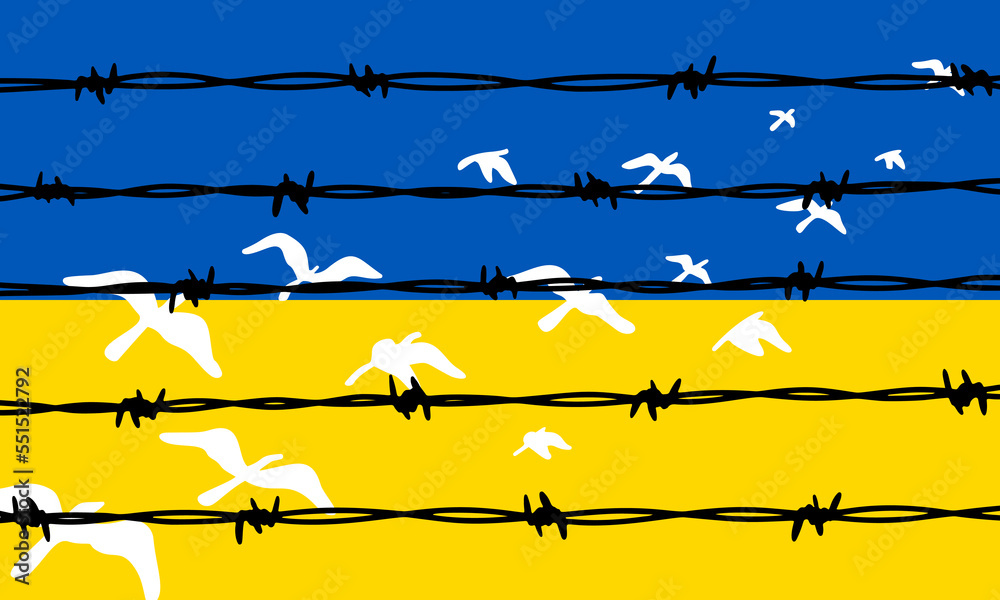 Flying birds in Ukrainian blue and yellow flag colors escaping barbed ...