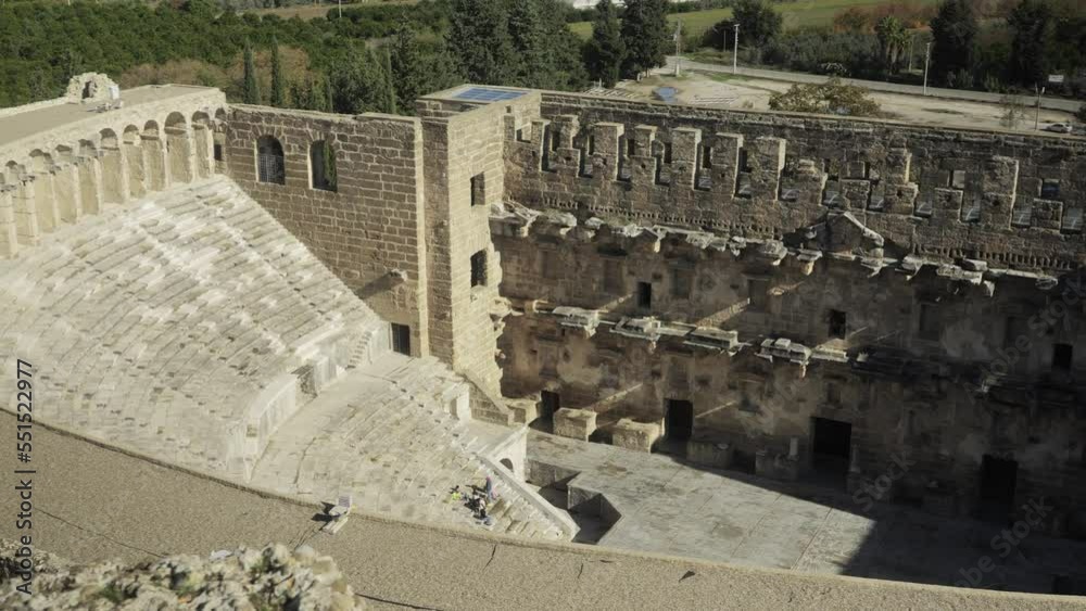 View from the hill to the ancient amphitheater. Travel to historical ...