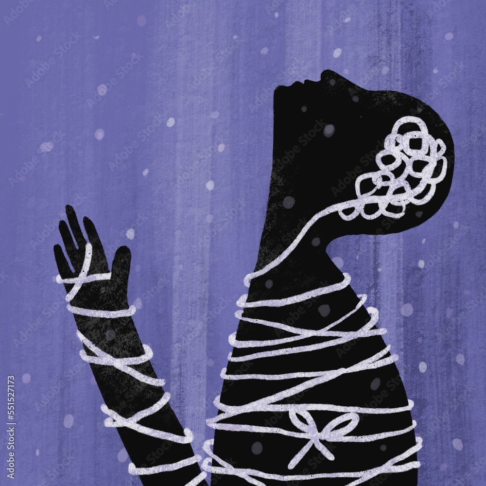 Textured illustration of a person tied up with a string coming from ...