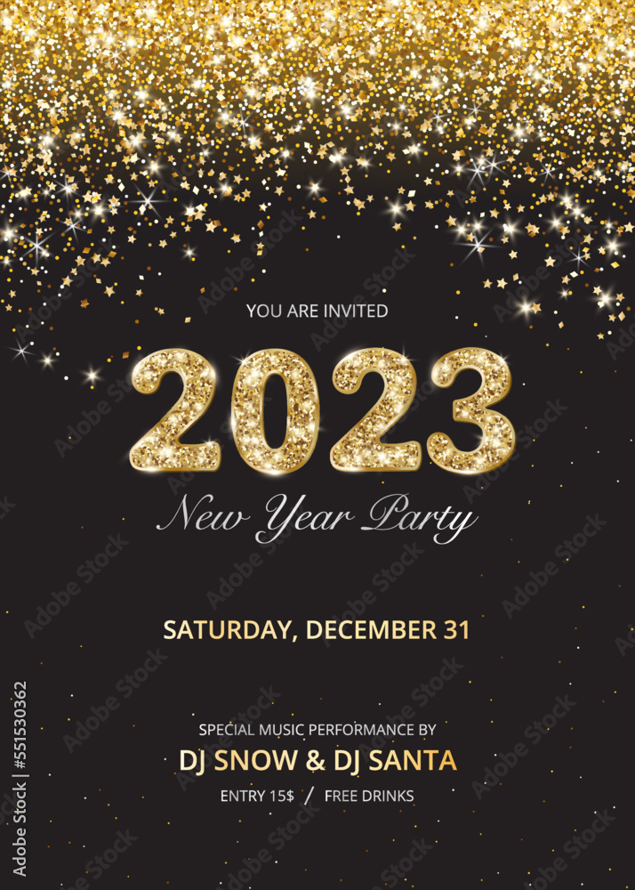 New Year party flyer. Holiday poster design. Sparkling golden glitter ...
