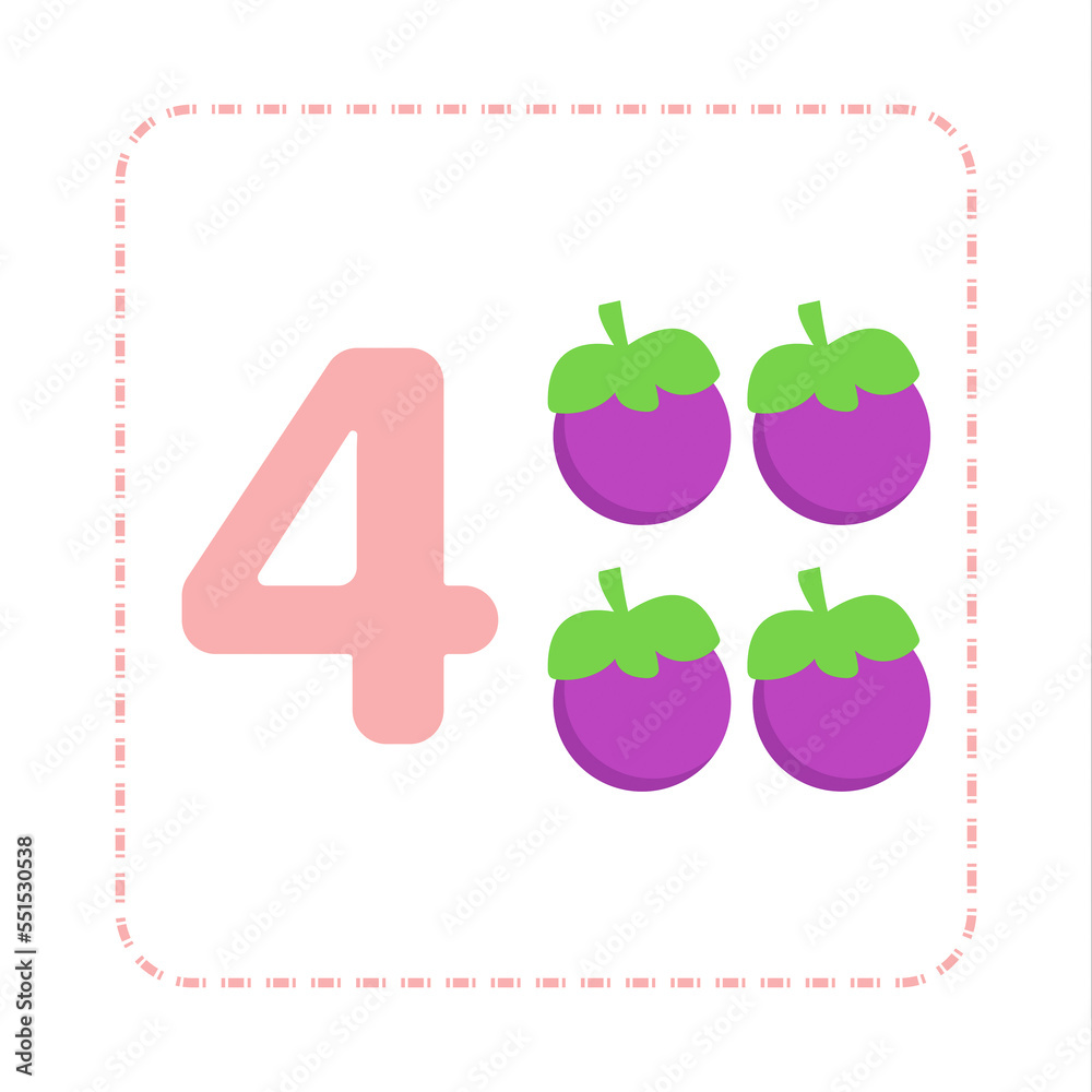 Cartoon Illustration Set of Fruit Flashcards with Numbers. Number Four ...