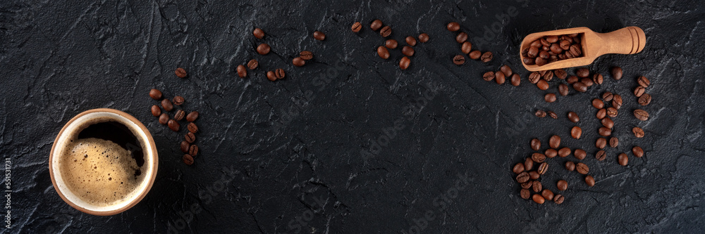 Coffee cup and beans panorama, overhead flat lay shot on a black ...