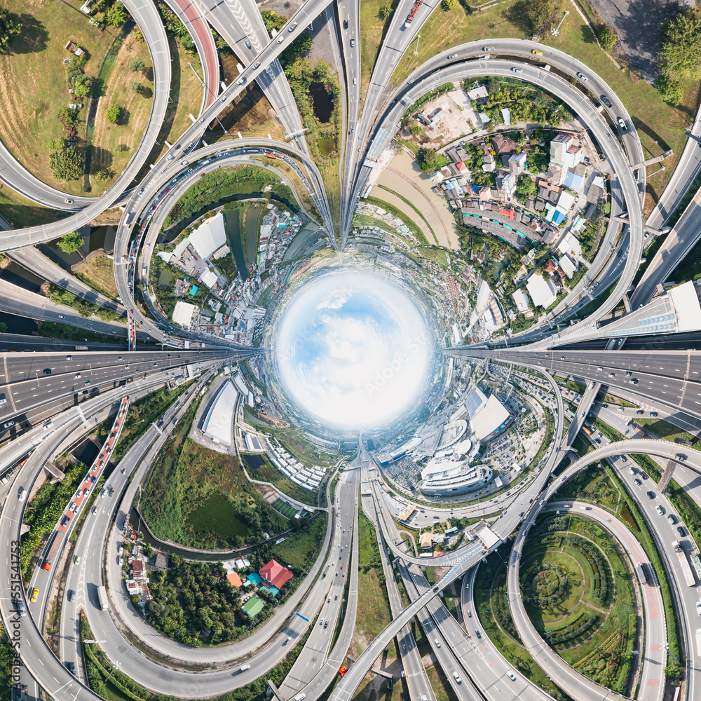360 Wide Panoramic image of Multilevel junction motorway top view, Road ...