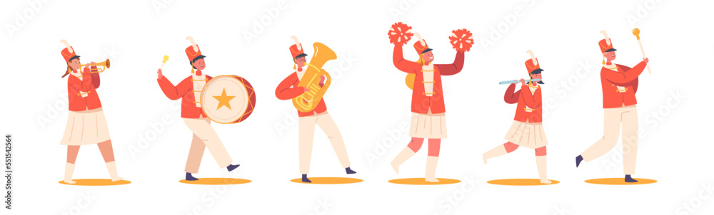 Kids Band In Red Uniform Marching on Parade. Happy Girls And Boys Play ...