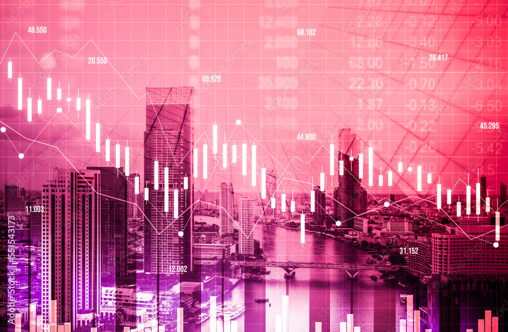 Stock market crash, declined economic, graph falling down and digital ...