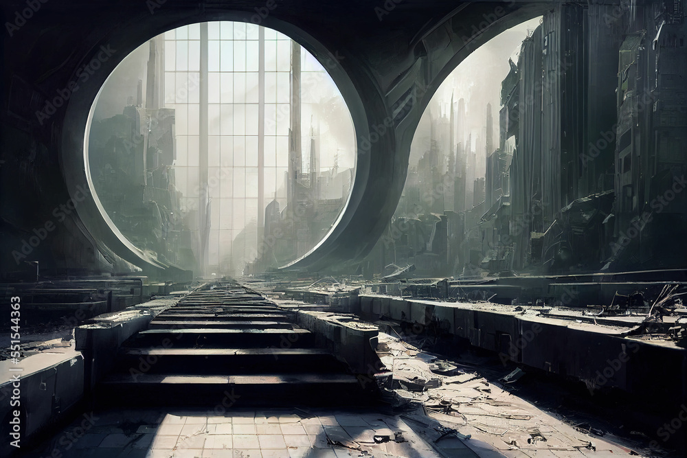 Artistic concept illustration of a derelict futuristic metro station ...