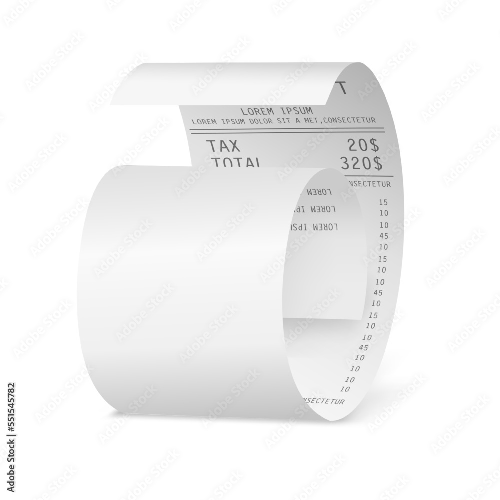 Payment cheque, cash register sale receipt printed on rolled paper ...