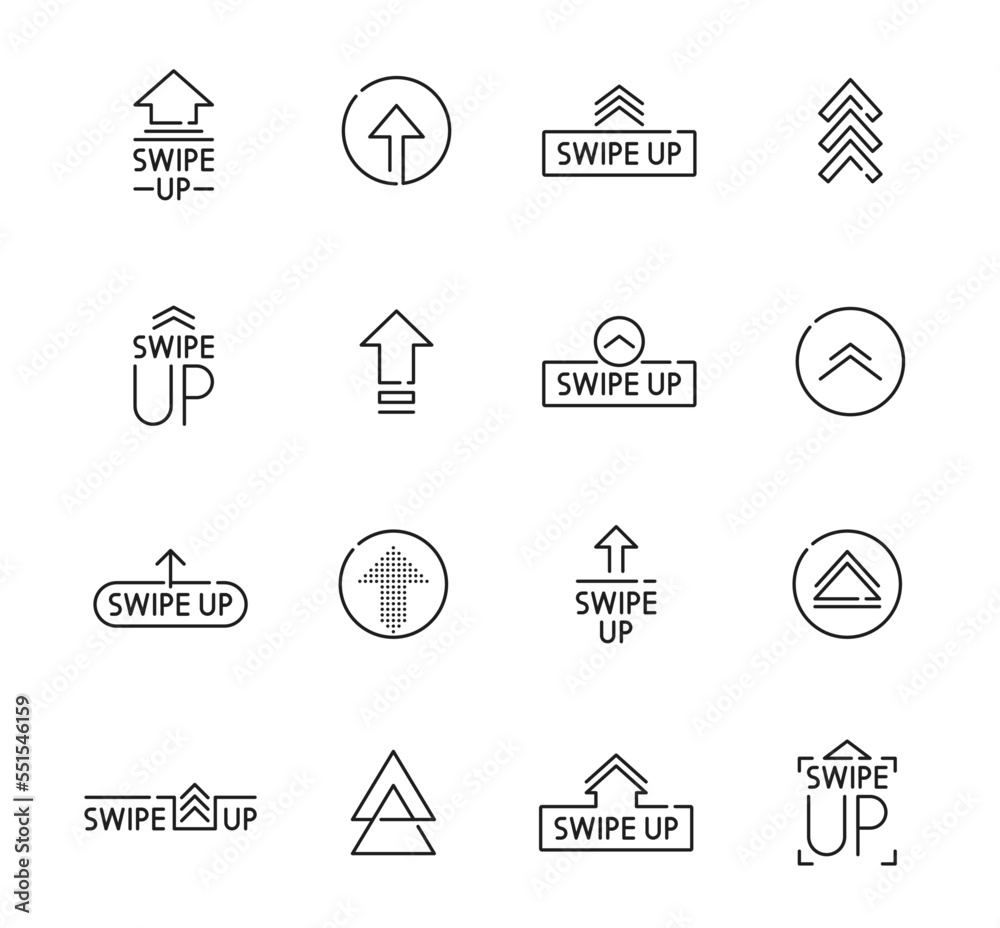 Swipe up icons, arrow buttons to scroll and drag for social media application, vector linear ...