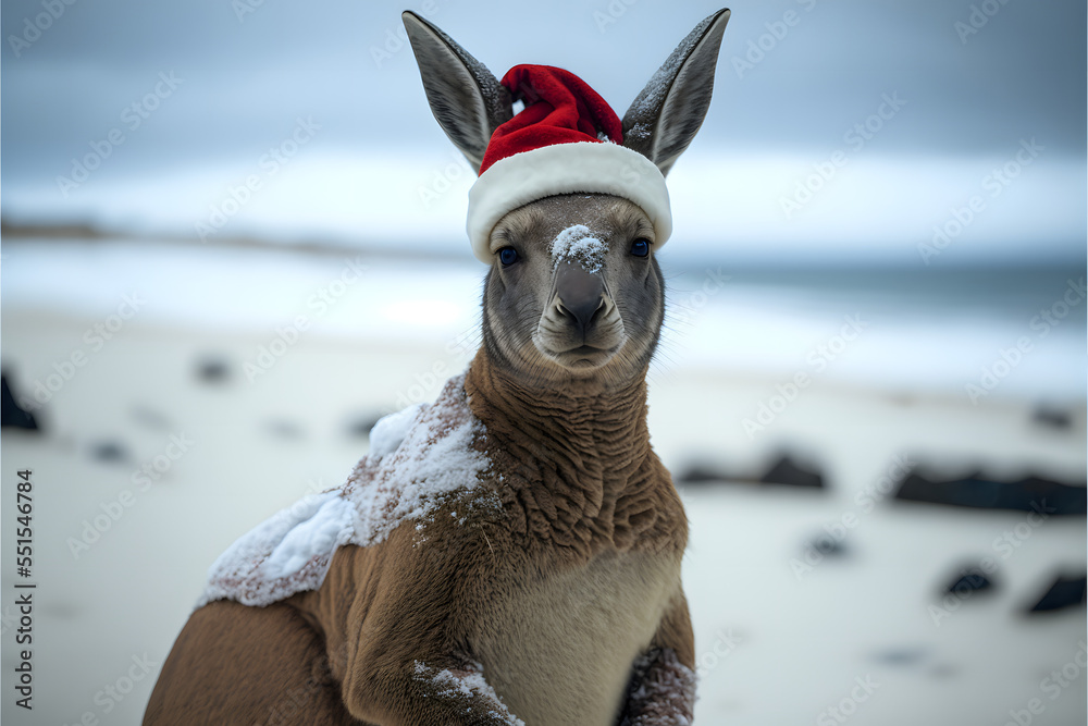 christmas kangaroo with santa hat in the snow, realistic 3d rendering ...