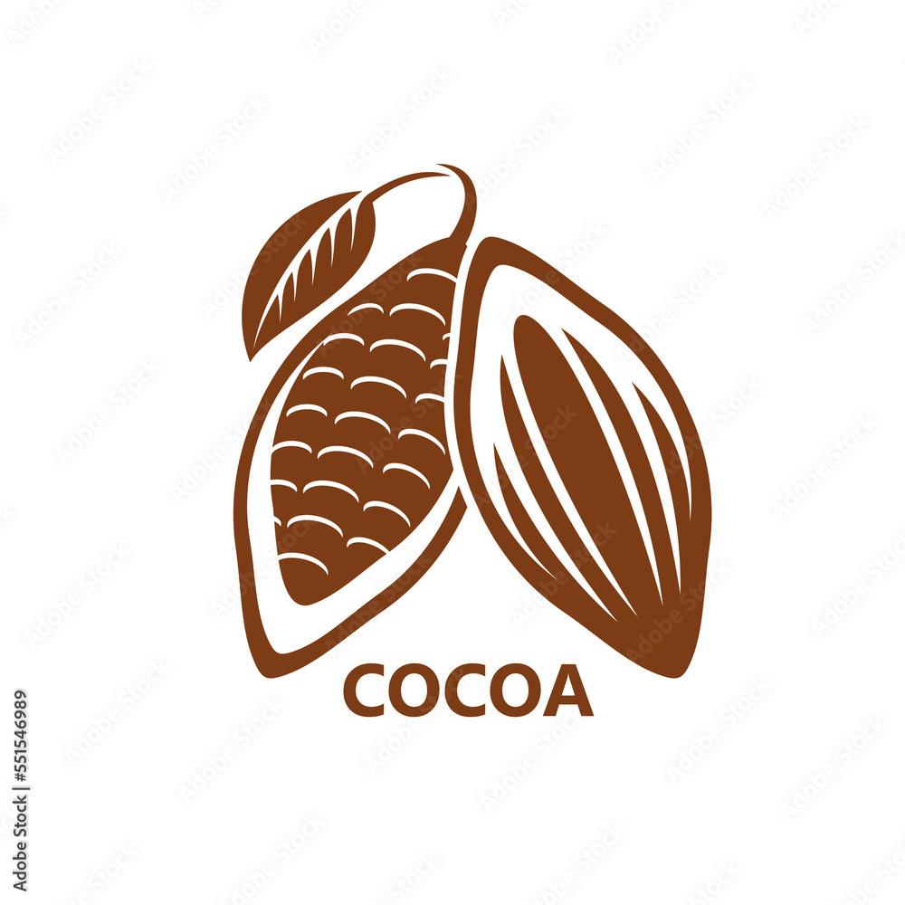 Cocoa icon, cacao or chocolate beans with leaf, vector coffee fruit ...