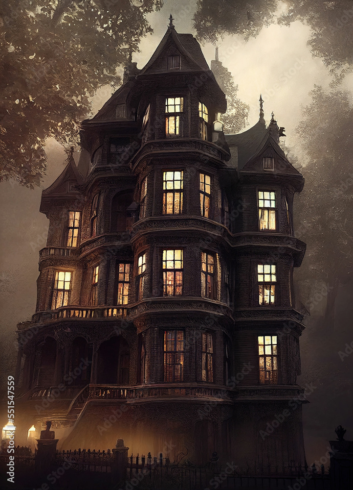 Spooky halloween mansion manor orange scary castle decorated concept ...