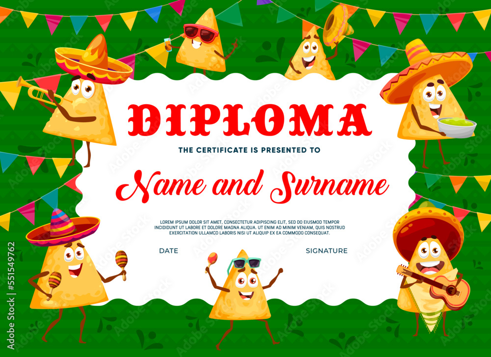 Kids diploma, cartoon Mexican nachos chips characters, vector ...