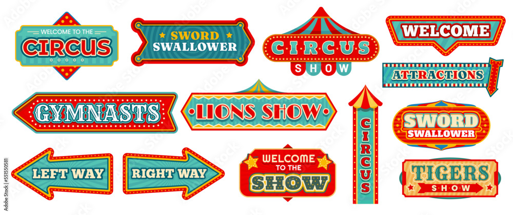 Circus carnival signs, retro arrow banners and vintage labels. Vector ...
