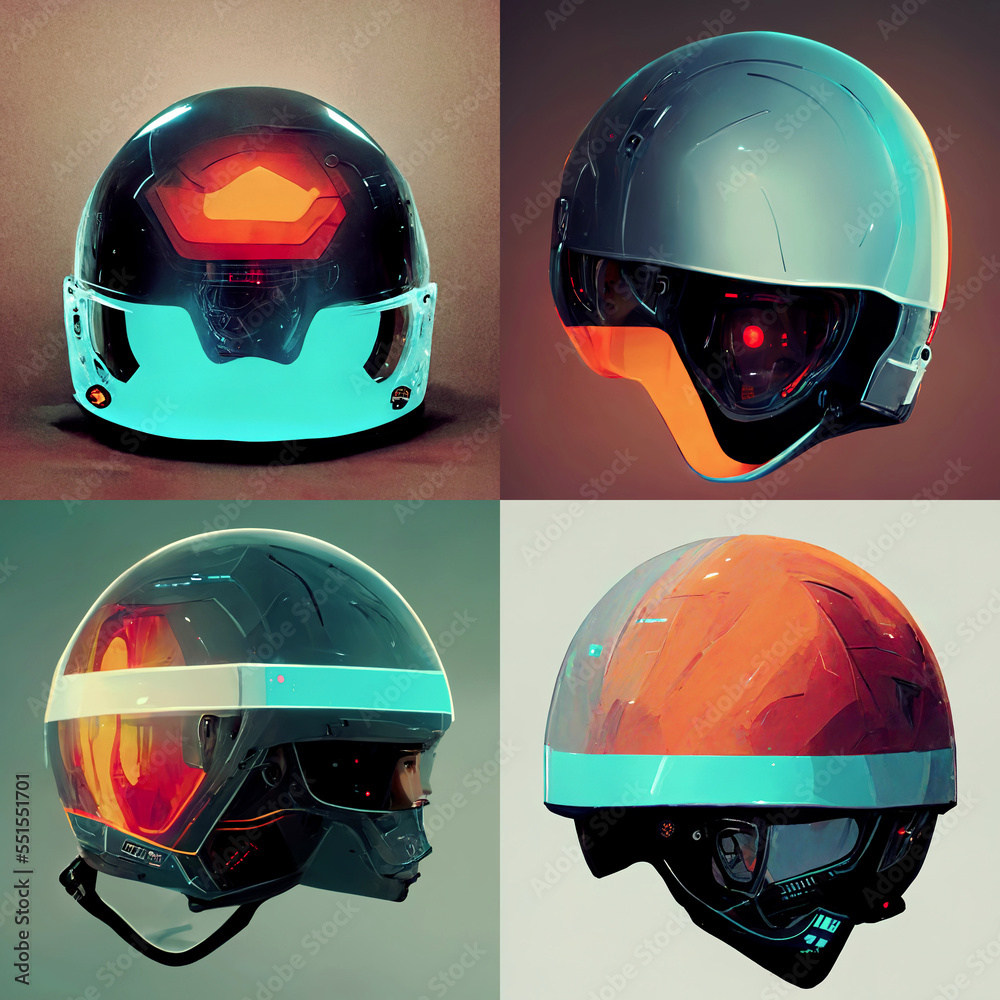 Collection of robots from future, wearing helmet of sci-fi virtual ...