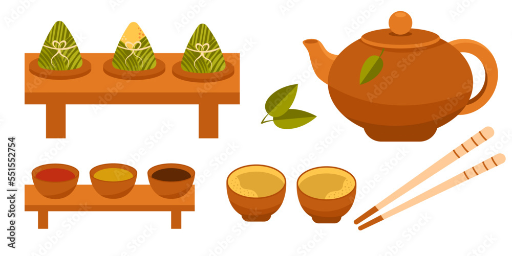 Dragon boat event set. Rice dumplings,Traditional Chinese clay teapot ...