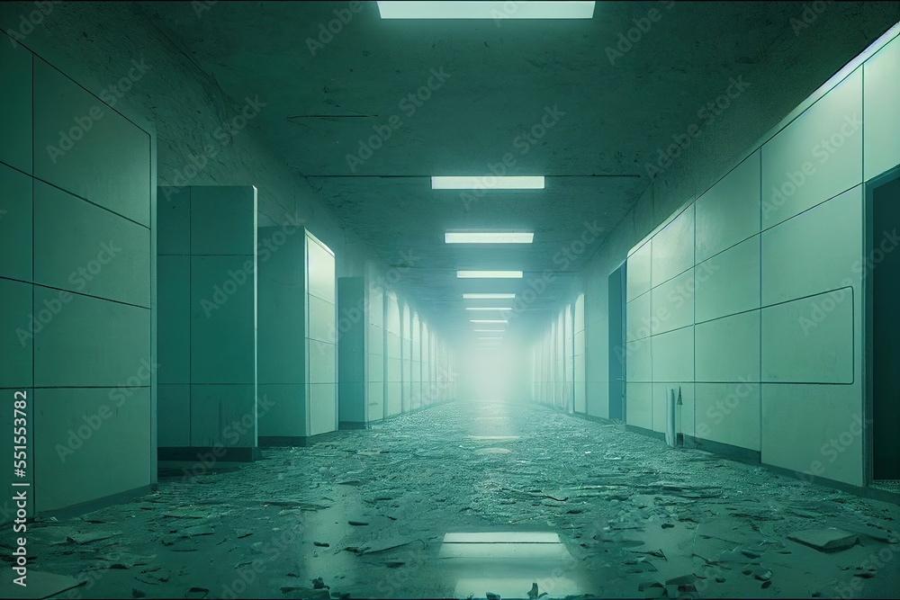 Long, empty hospital corridor, destroyed building after war Stock ...