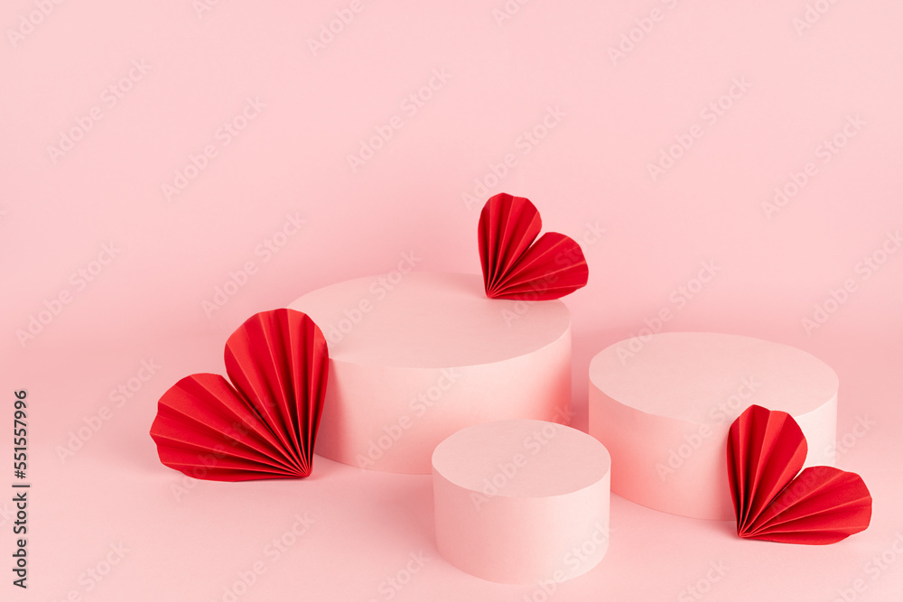 Beautiful pink Valentines day scene mockup with three cylinder podiums ...