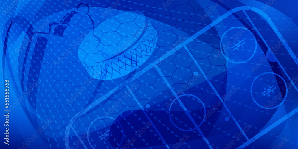 Abstract background in blue colors with different hockey symbols such ...