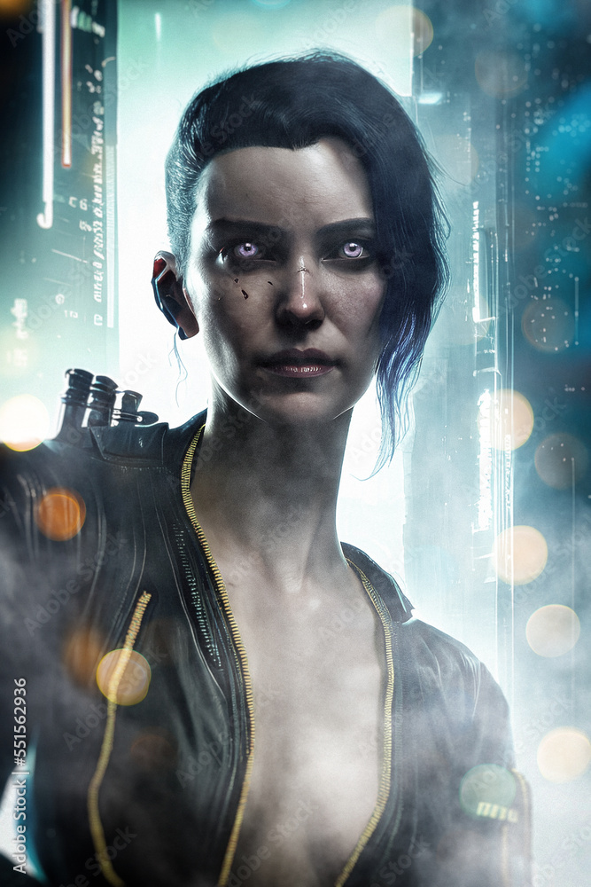 AI generated fantasy cyberpunk style portrait of a female cyborg ...