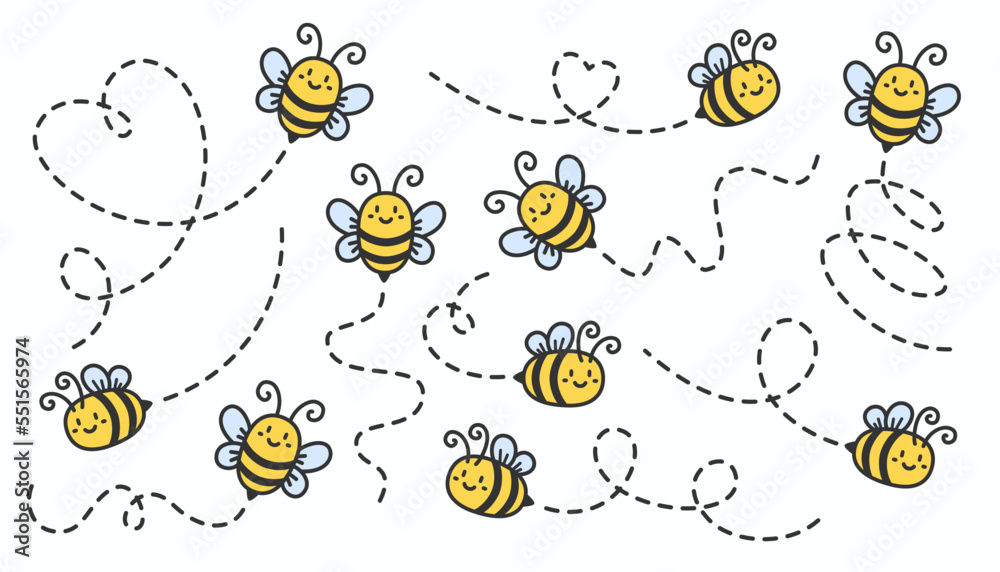 Bee path bundle. Cartoon bee flying route. The flight path. Honey bee ...