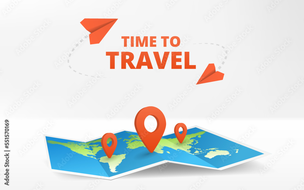 Geography map. Time to travel. Foldable world map with place mark pined ...