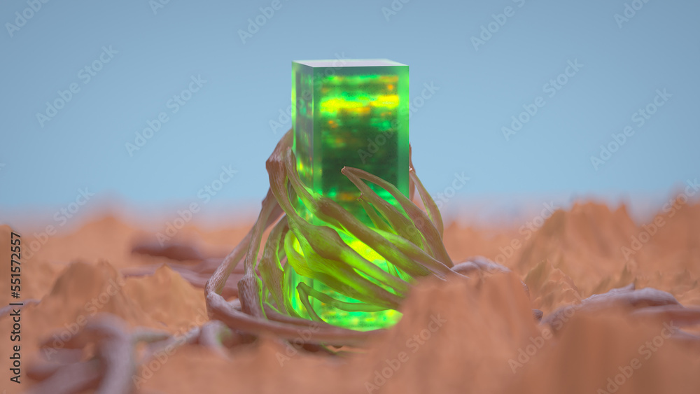 Mysterious sci-fi cuboid on alien landscape 3D render Stock ...