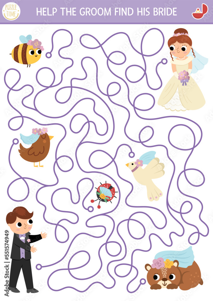 Wedding maze for kids with just married couple, animals, birds wearing ...