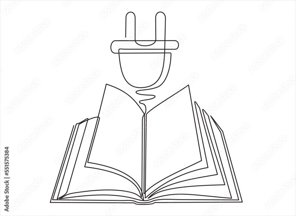 continuous one line drawing of Open book with cable plug, electronic ...
